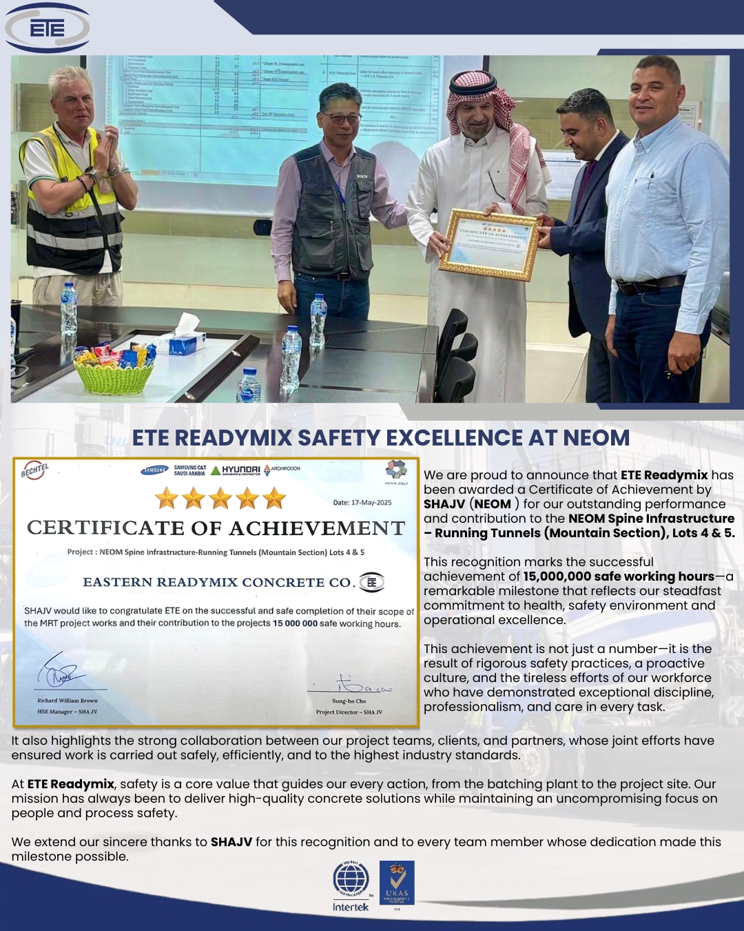 ETE Readymix has been awarded a Certificate of Achievement by SHAJV(NEOM)