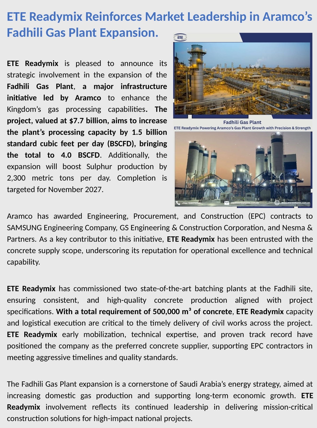 ETE Readymix Reinforces Market Leadership in Aramco’s Fadhili Gas Plant ...