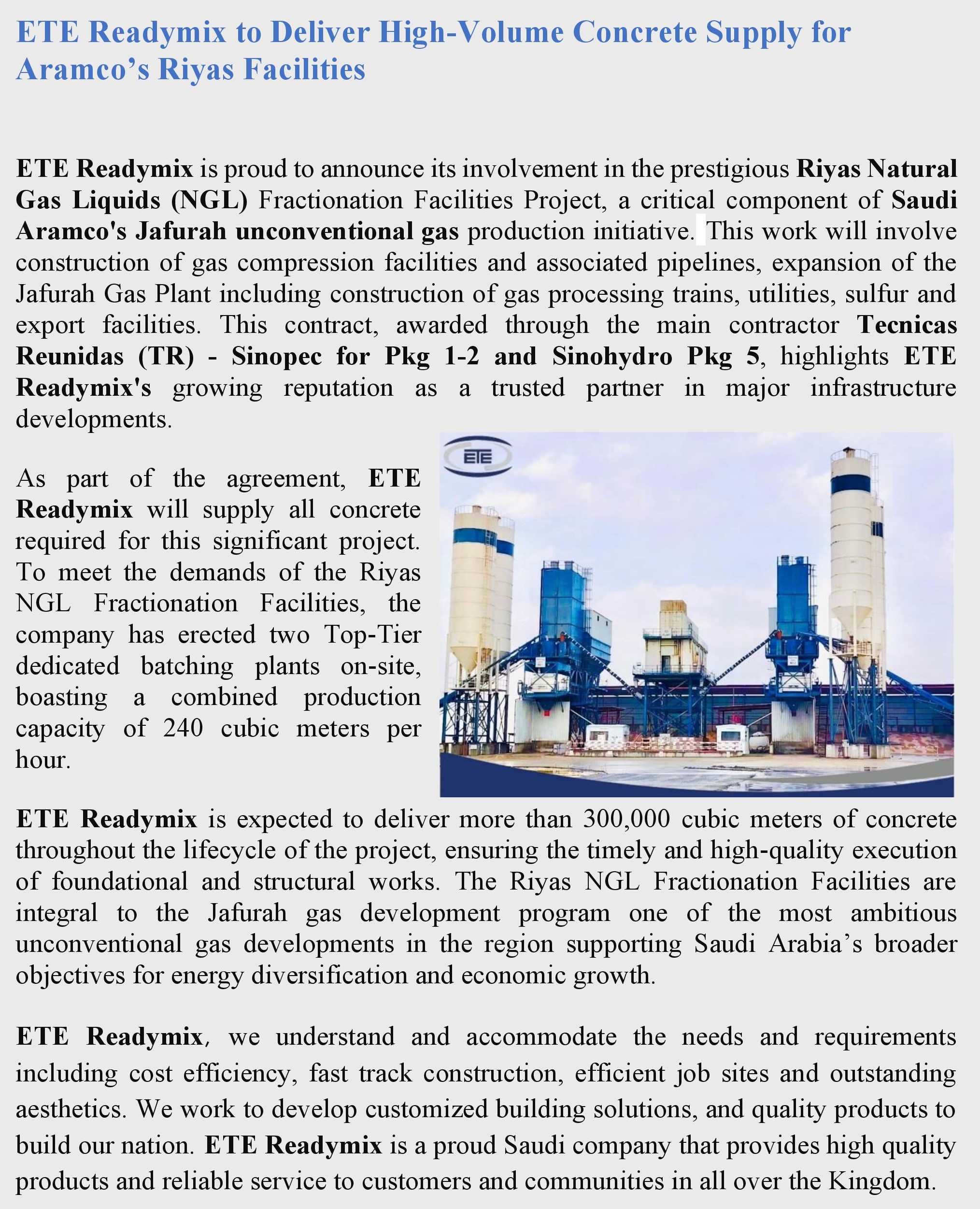 ETE Readymix to Deliver High-Volume Concrete Supply for Aramco’s Riyas ...